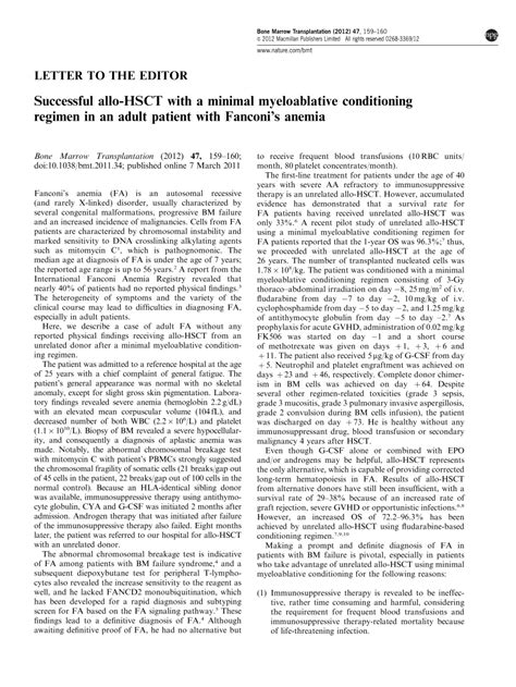 Pdf Successful Allo Hsct With A Minimal Myeloablative Conditioning Regimen In An Adult Patient