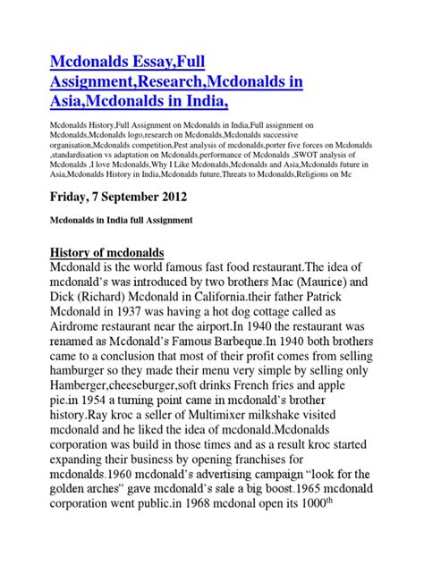 Mcdonalds Essay Download Free Pdf Mc Donalds Fast Food Restaurants