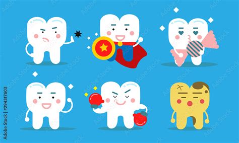 Set Of Six Healthy Teeth Concept Vector Illustrations Cartoon