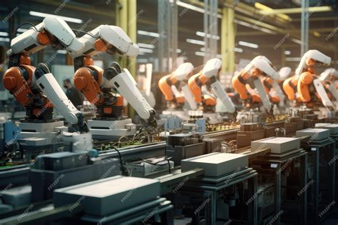 Robot Assembly Line In A Futuristic Factory Hightech Industrial Factory Modern Machinery Robotic