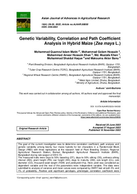 Pdf Genetic Variability Correlation And Path Coefficient Analysis In Hybrid Maize Zea Mays L