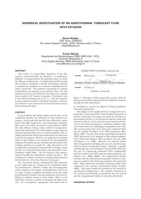 Pdf Numerical Investigation Of An Anisothermal Turbulent Flow With Effusion