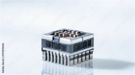 A Small Square Microprocessor Cpu With Many Pins Around Its Sides On A Reflective Surface