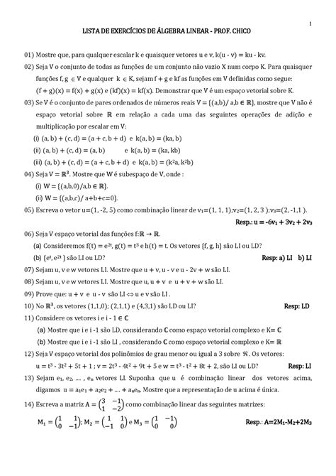 Exercícios Álgebra Linear Exercícios Álgebra Linear Docsity
