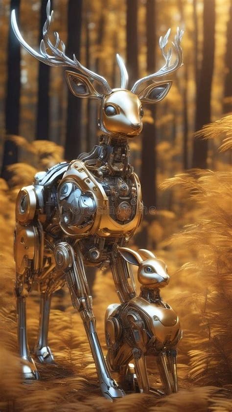 Christmas Reindeer In The Forest Robot Buck And Bunny Rabbit And Deer In The Woods Ai Created