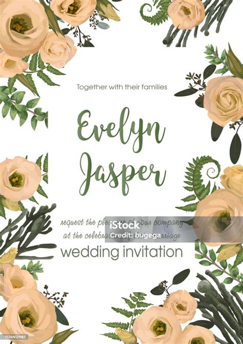 결혼식 초대 카드 벡터 꽃 푸른 잎 디자인을 초대 합니다 고 사리 유 칼 리 나무 회 양 목 녹색 식물 Brunia 및 꽃 Eustoma 크림 장식 스퀘어입니다 엽서 야채