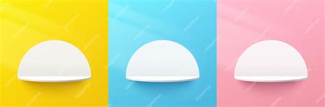 노란색 파란색 분홍색 파스텔 색상 벽 장면에 추상 3d 흰색 반원 선반 또는 연단 세트 프리미엄 벡터