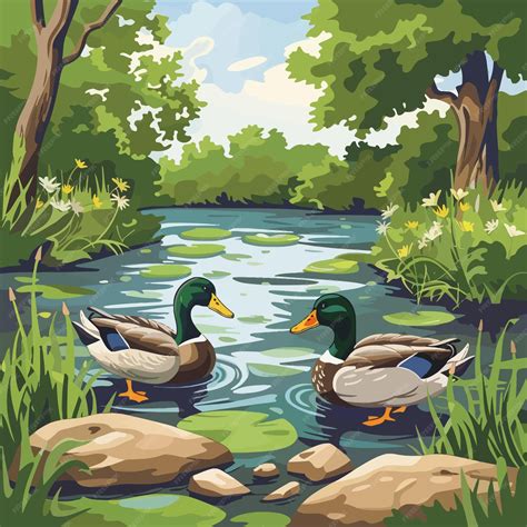 A Painting Of Ducks Swimming In A Pond With Trees In The Background