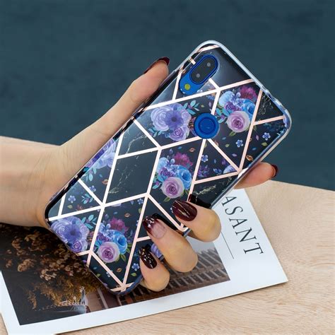 For Xiaomi Redmi Note 7 Flat Plating Splicing Gilding Protective Case Black Background Flower
