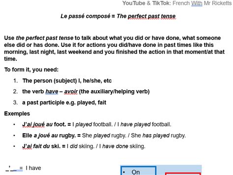 Past Tense Passé Composé 1 Mr Ricketts Explanation Conjugation