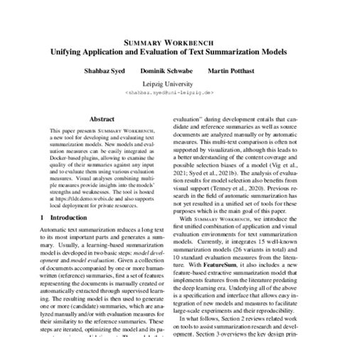 SUMMARY WORKBENCH Unifying Application And Evaluation Of Text Summarization Models ACL Anthology