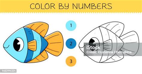 귀여운 물고기를 가진 아이들을 위한 숫자 색칠하기 책으로 색칠하세요 색칠에 대한 예제와 함께 만화 물고기와 색칠 페이지 흑백 및 컬러 버전 벡터 그림입니다 물고기에 대한