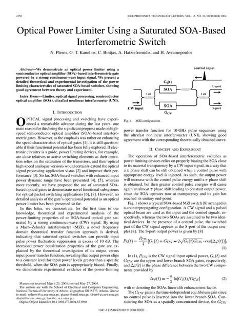 Pdf Optical Power Limiter Using A Saturated Soa Based Interferometric