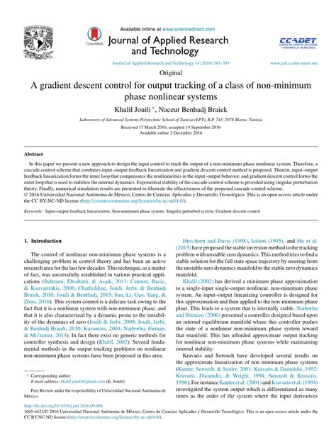 Pdf A Gradient Descent Control For Output Tracking Of A Class Of Non Minimum Phase Nonlinear