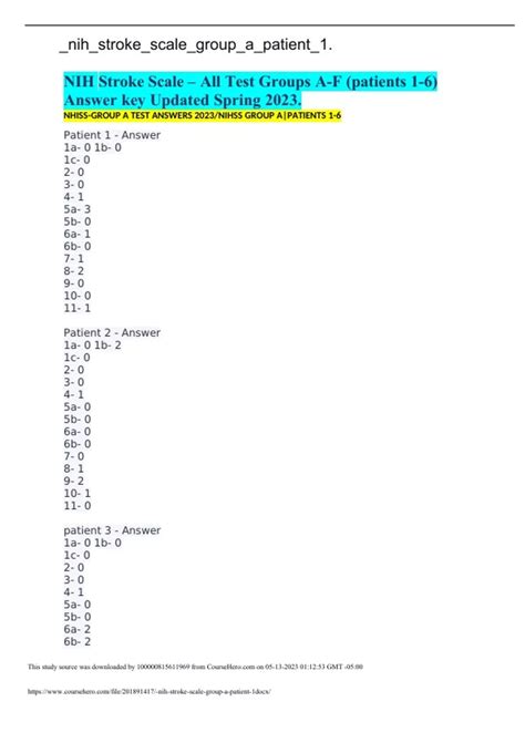 Nih Stroke Scale All Test Groups A F Patients 1 6 Answer Key Updated Spring 2023 Nih