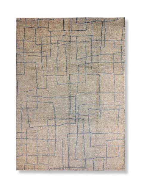 Handmade Wool Rug 9x12 Neutral Beige With Blue Grid Modern Minimalist