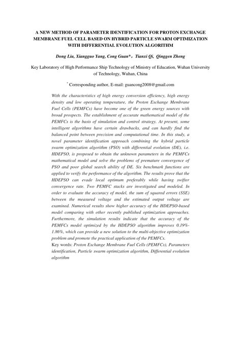 PDF A New Method Of Parameter Identification For Proton Exchange Membrane Fuel Cell Based On
