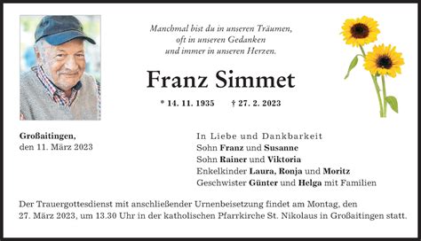 Traueranzeigen Von Franz Simmet Augsburger Allgemeine Zeitung