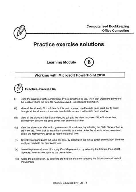 Microsoft Power Point 2010 Pratice Exercise Solution Learning Module 6 Computerised