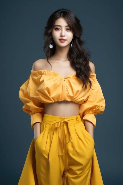 Premium Ai Image A Young Chinese Girl Model Wearing Vivid Color Highend Design Clothes