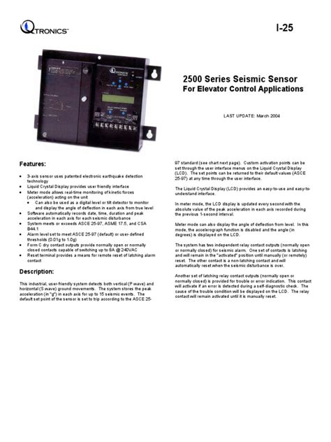 2500 Series Seismic Sensor For Elevator Control Applications Pdf