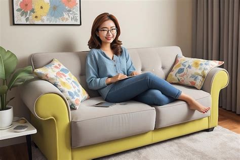 A Woman Sitting On The Sofa Premium Ai Generated Image