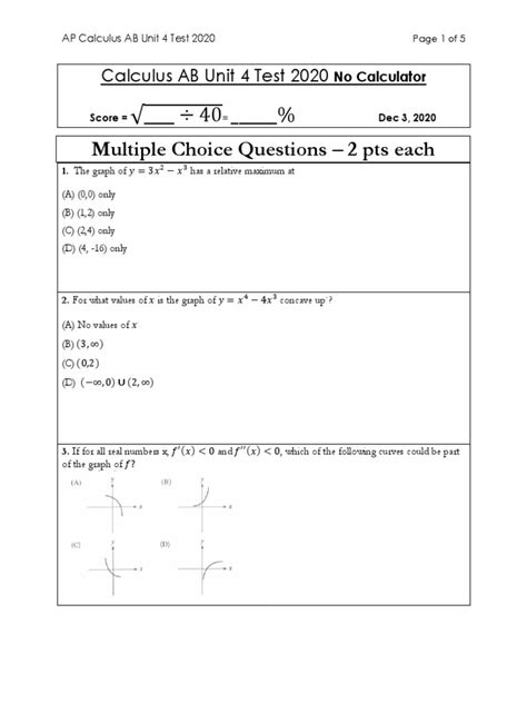 Multiple Choice Questions 2 Pts Each Calculus Ab Unit 4 Test 2020