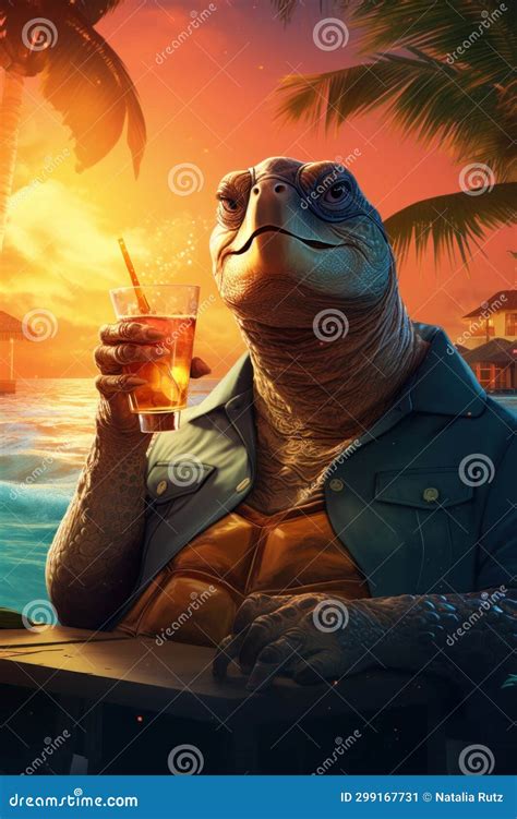 Relaxed Turtle Enjoying A Refreshing Drink Stock Illustration Illustration Of Paradise