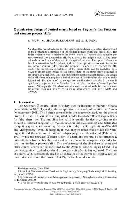 Pdf Optimization Design Of Control Charts Based On Taguchis Loss Function And Random Process