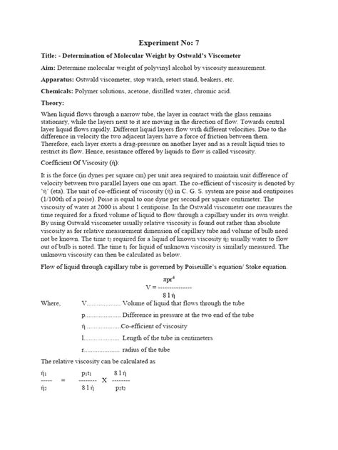 Oswalds Viscometer Pdf Viscosity Liquids