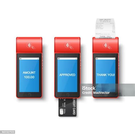 벡터 3d 승인 된 상태 및 종이 영수증 청구서 신용 카드가있는 빨간색 Nfc 지불 기계 지불 Pos 단말기 은행 지불 비접촉식