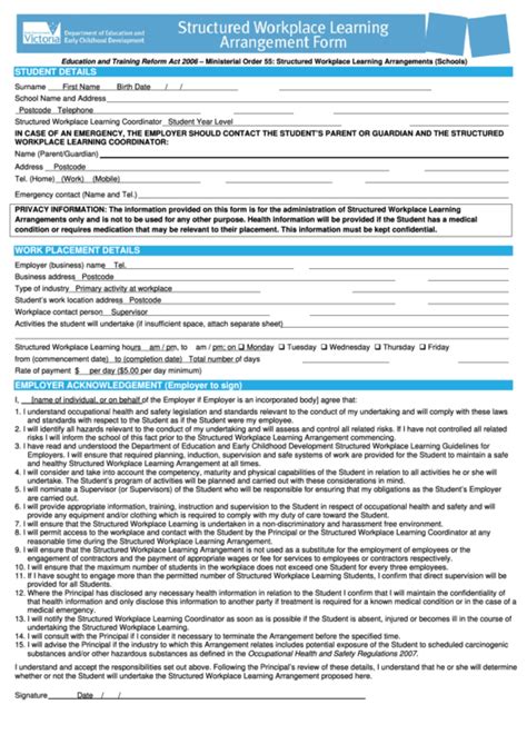 Structured Workplace Learning Arrangement Form Printable Pdf Download