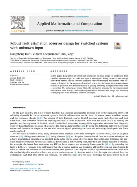 Pdf Robust Fault Estimation Observer Design For Switched Systems With Unknown Input Vincent