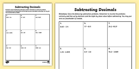 Seventh Grade Subtracting Decimals Practice