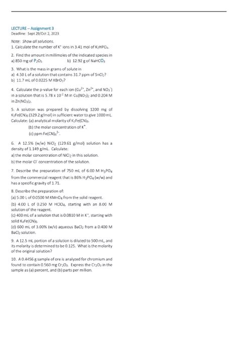 Analytical Chemistry Calculating Molarity Concentration Assignment