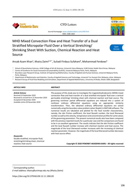 Pdf Cfd Letters Mhd Mixed Convection Flow And Heat Transfer Of A Dual Stratified Micropolar