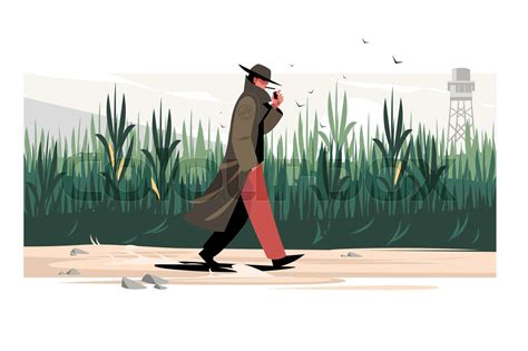 Strange Man In Coat Walk Past Corn Fields Stock Vector Colourbox