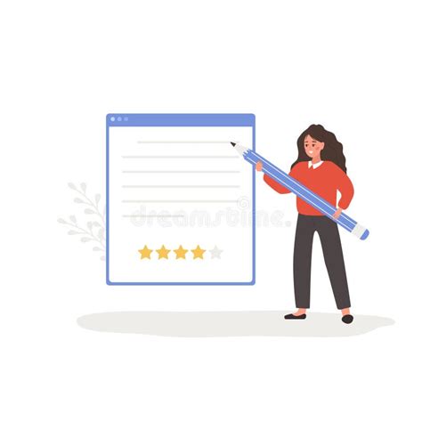Customer Review Concept. Woman Holding Huge Pen and Leaving Comment with Four Stars Rating Stock ...