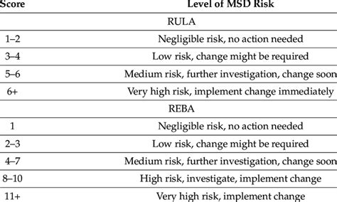 The Interpretation Of The Rula And Reba Scores By Level Of Msd Risk