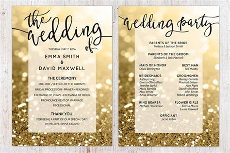 Glittery Wedding Program Card With Gold Backdrop