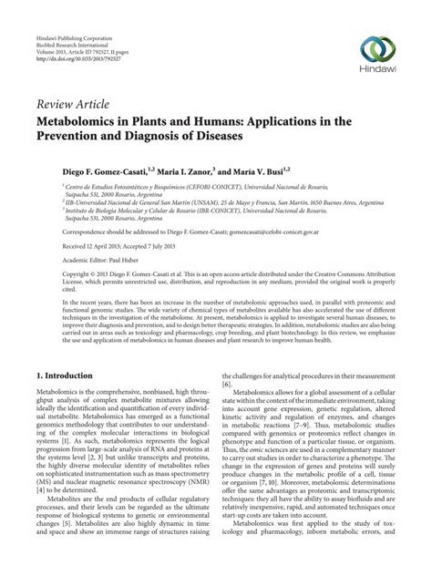 Pdf Review Article Metabolomics In Plants And Humans Journalsbmri