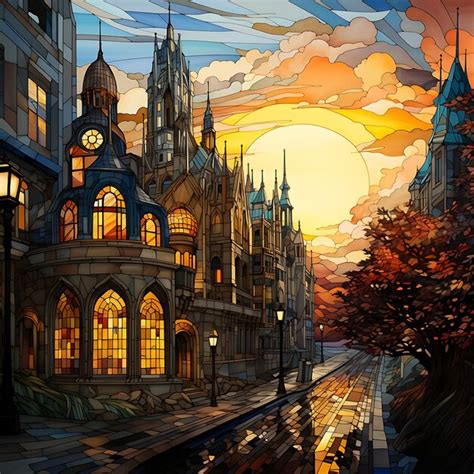 Premium Ai Image Urban Cityscape Stained Glass Window Effect