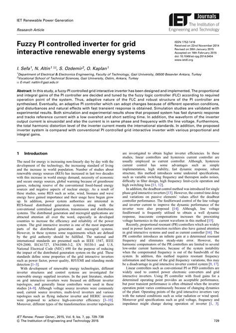 Pdf Fuzzy Pi Controlled Inverter For Grid Interactive Renewable
