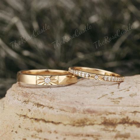 Leaf Couple Ring Set Unique Solid Gold Plain Wedding Band His And Hers