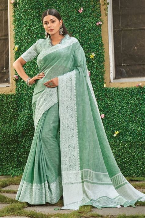 Buy Teal Green Linen Saree 82470 Online Karagiri