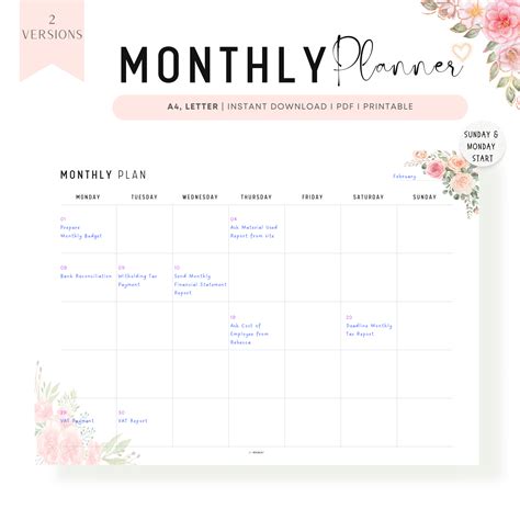Floral Monthly Planner Landscape Mrsneat