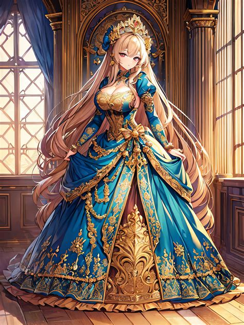 長い髪と金の王冠をつけた青いドレスを着た女性 Seaart Ai