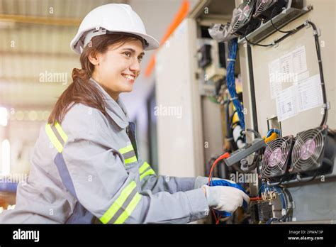 Young Female Engineer Happy Smile Maintenance Testing Power Cable