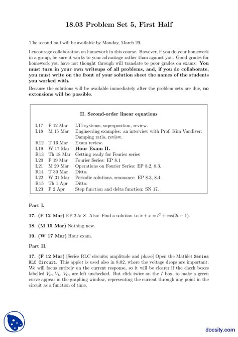 Problem Set 5 Lti Systems Fourier Series Differential Equations Assignment Docsity