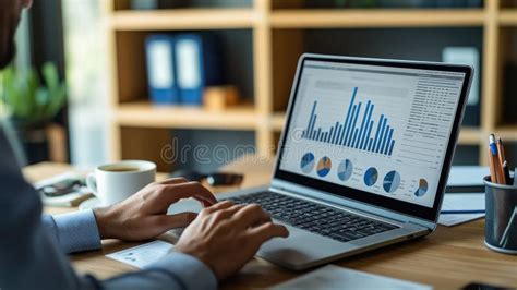 Man Analyzing Financial Data On Laptop In Modern Office With Graphs And Charts Displayed On